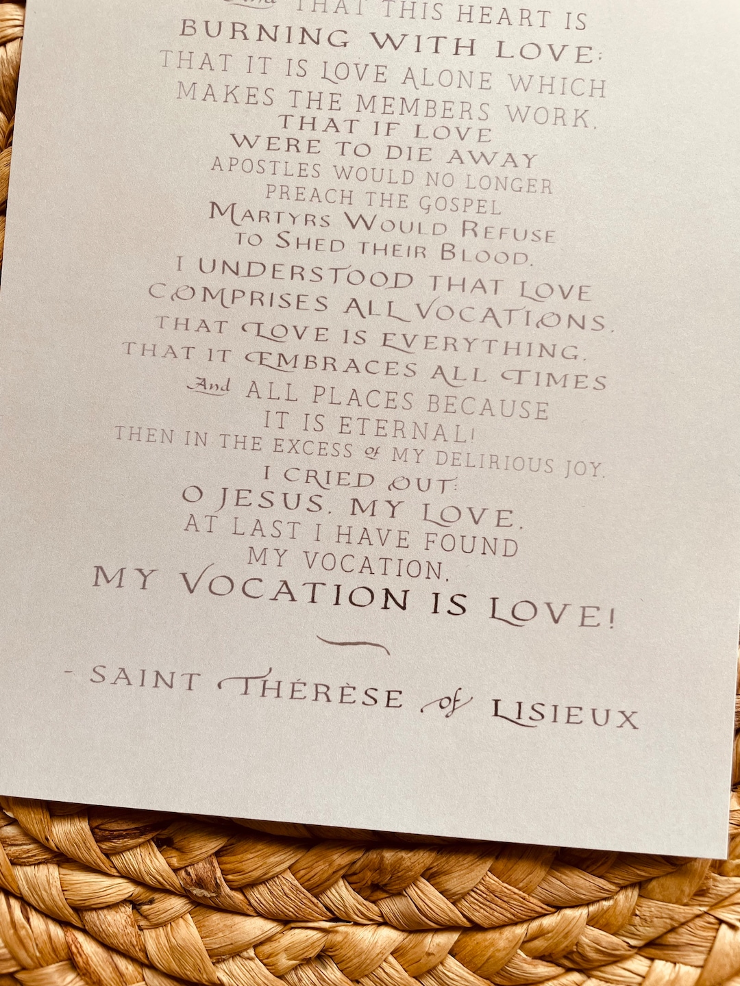 St. Therese of Lisieux Quote Print: Catholic Vocation is Love - Etsy