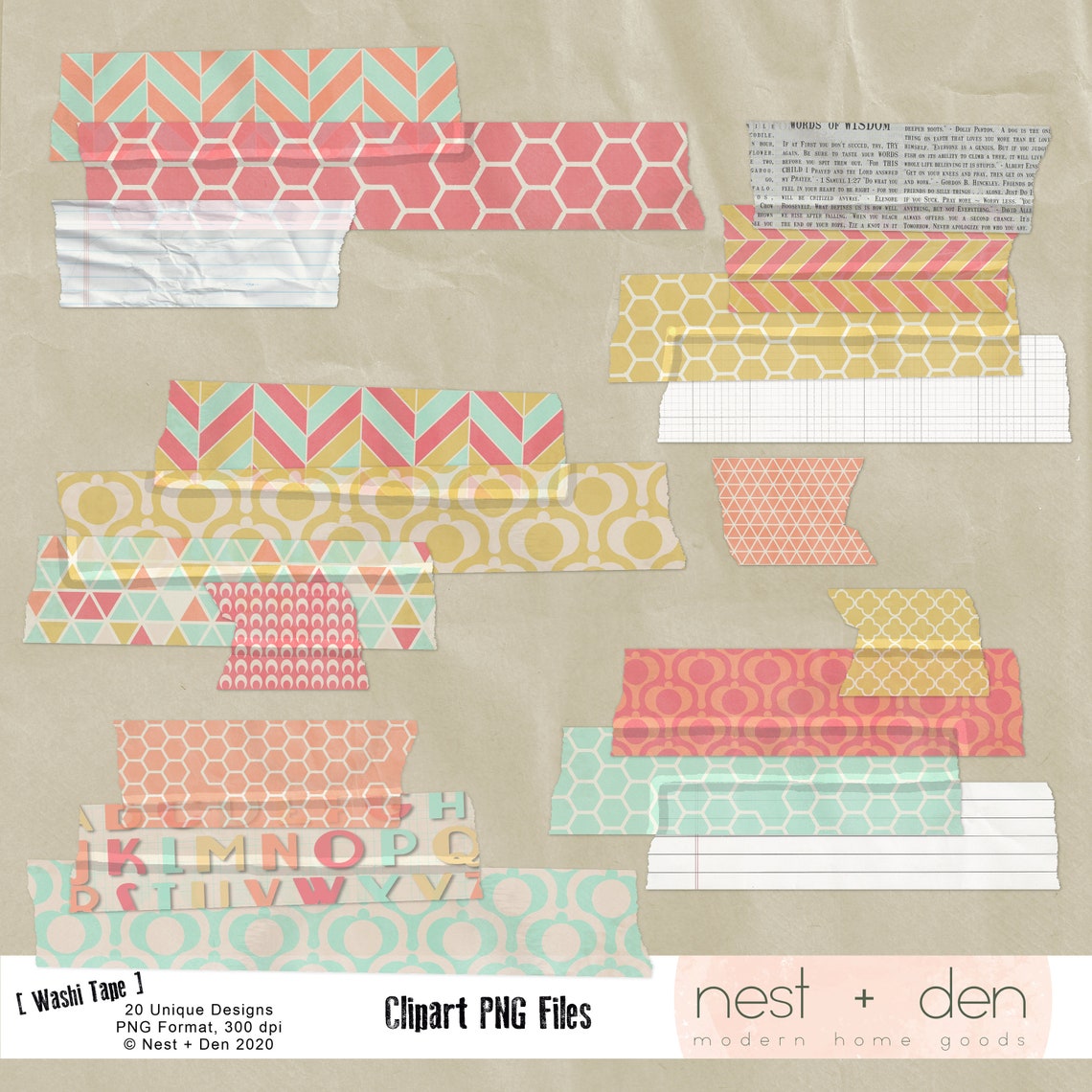 Digital Washi Tape PNG Clip Art - Textured Light Teal, Coral, Salmon ...