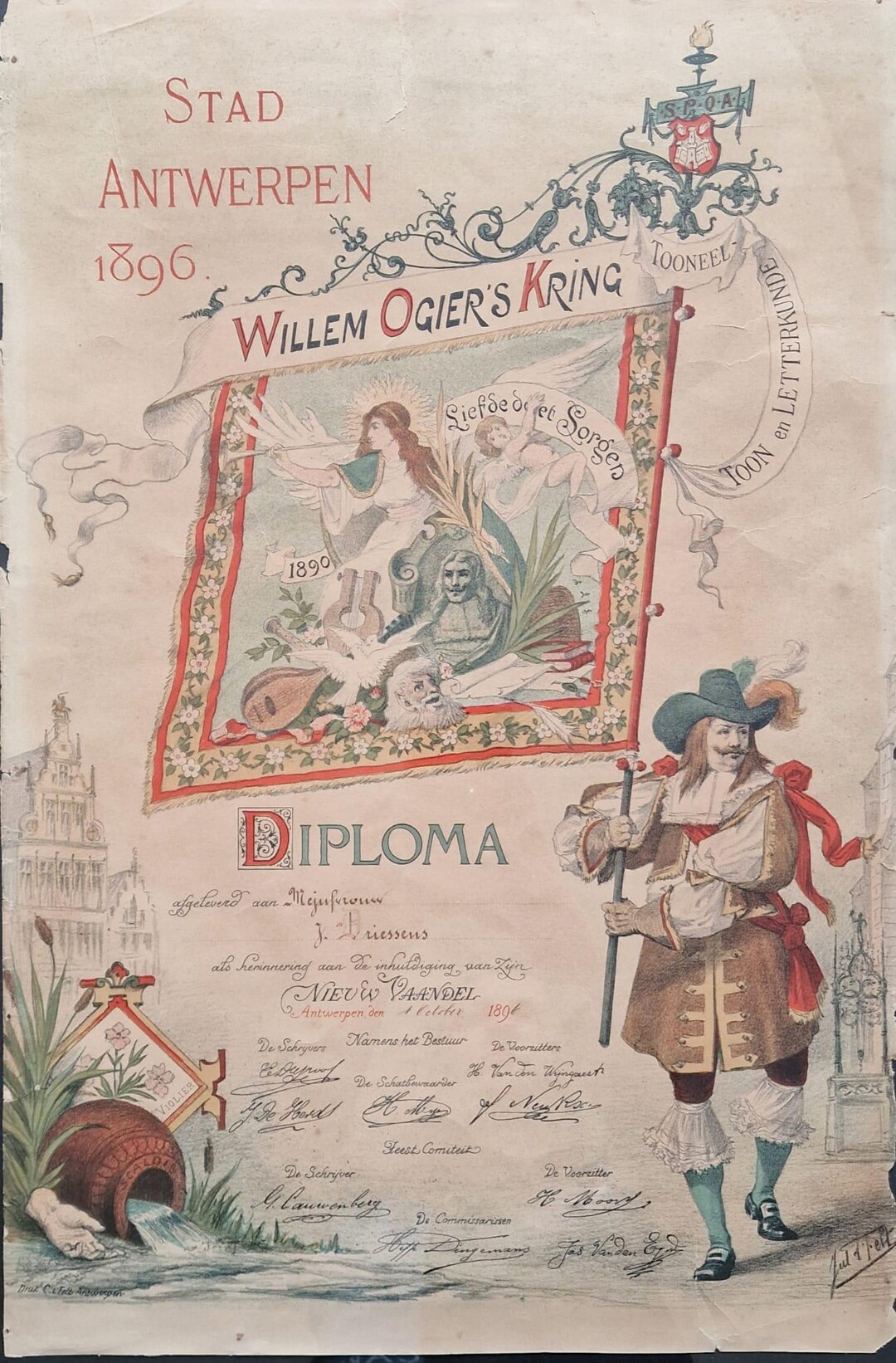 1896 Antwerp Diploma Lithograph Jul Dfelt Belgian Belle Epoque Art ...