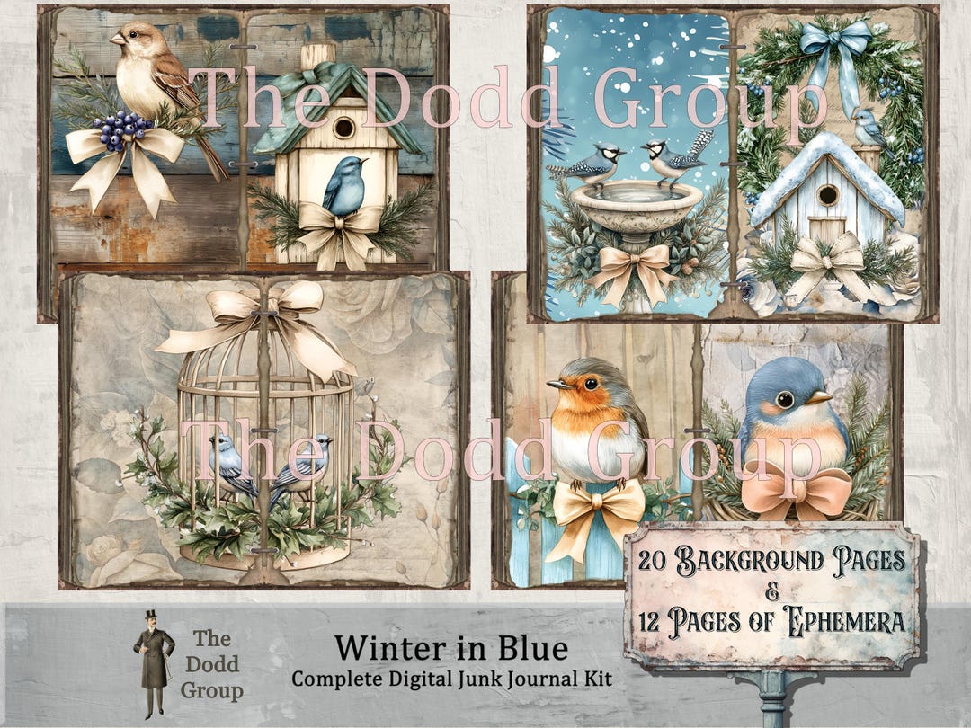 Winter in Blue Digital Junk Journal Kit Birds, Nests, Snowy Pine ...