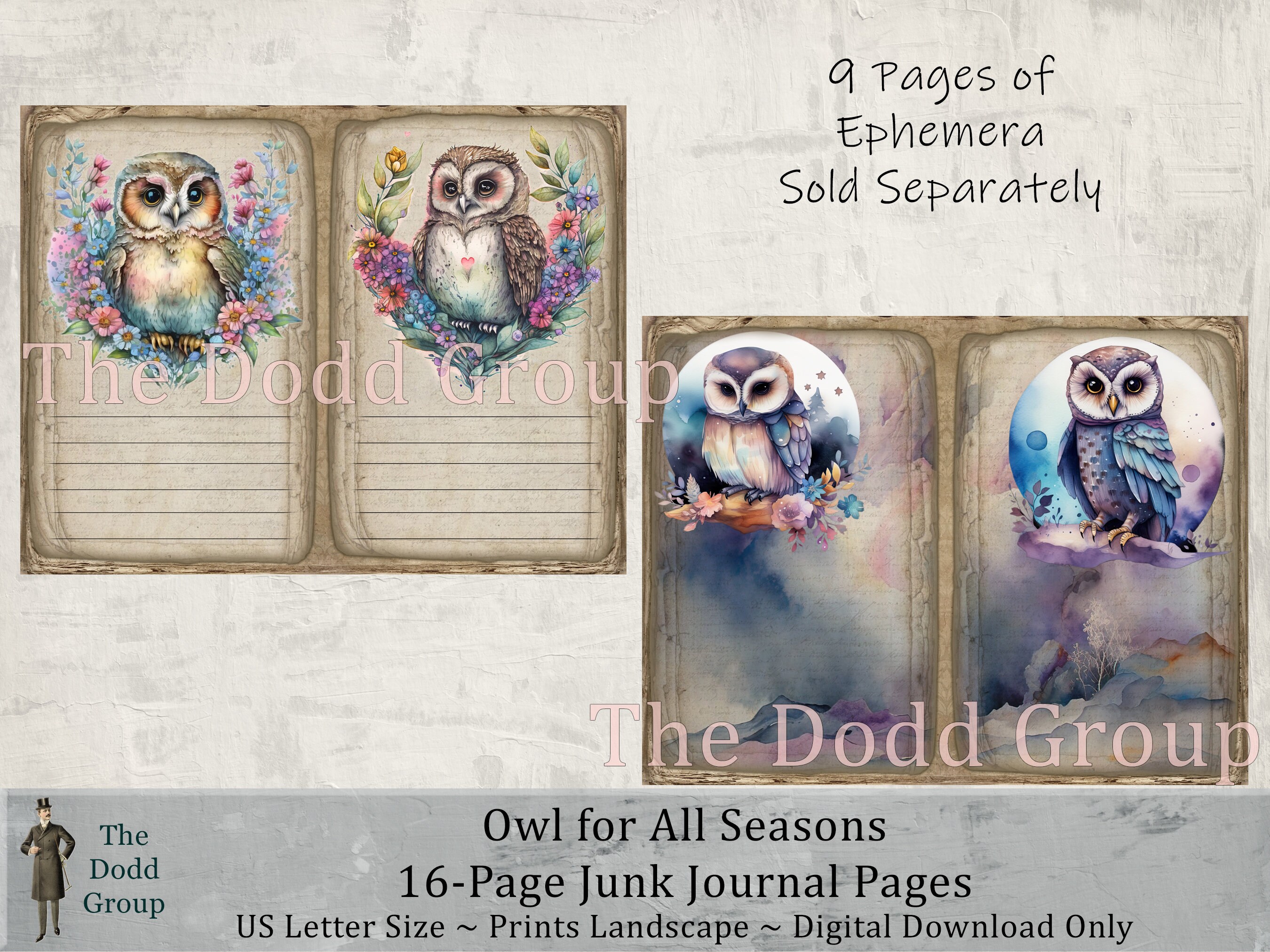 Owl for All Seasons 16 Pages for Junk Journals, Printable Background ...