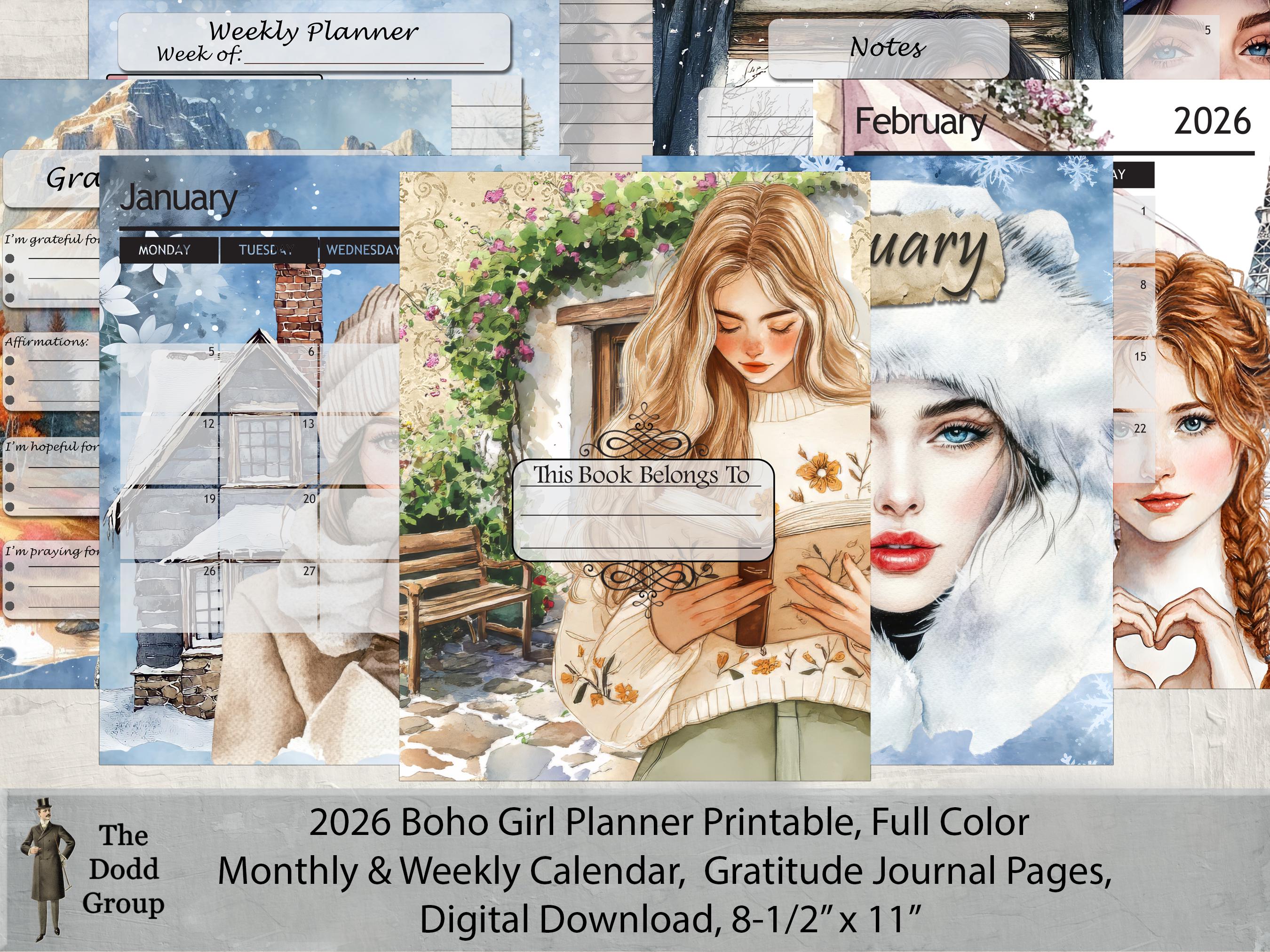 2026 Boho Girl Planner Printable Full Color Monthly & Weekly Calendar ...