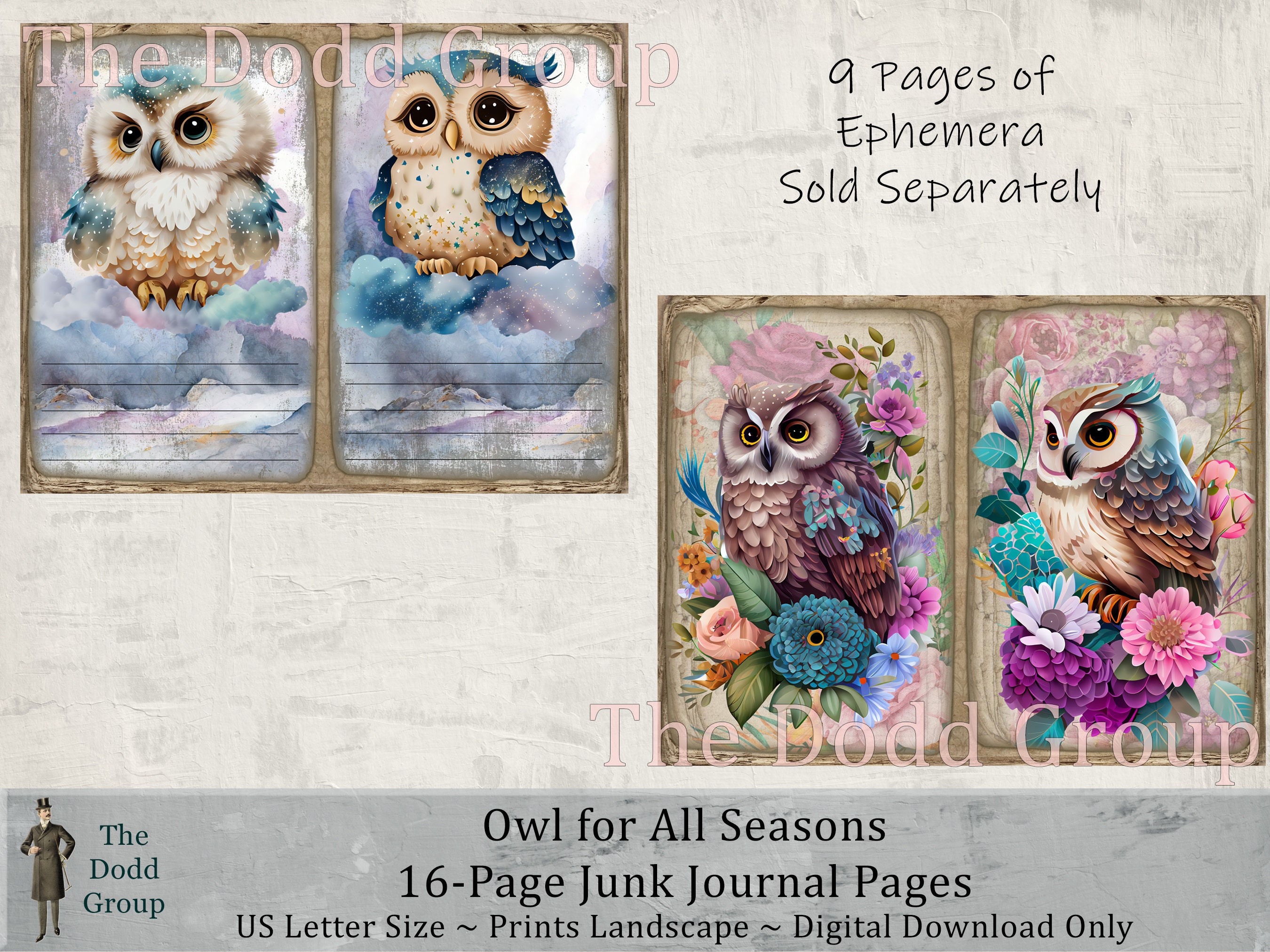 Owl for All Seasons 16 Pages for Junk Journals, Printable Background ...