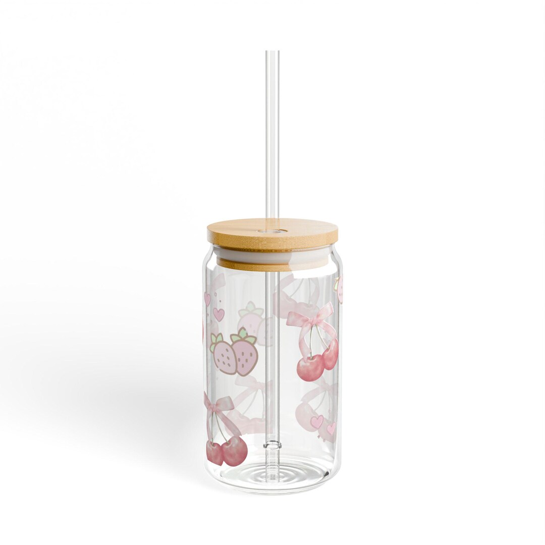 Cherry Strawberry Glass Tumbler, 16oz - Aesthetic Fruit Cup With Bamboo ...