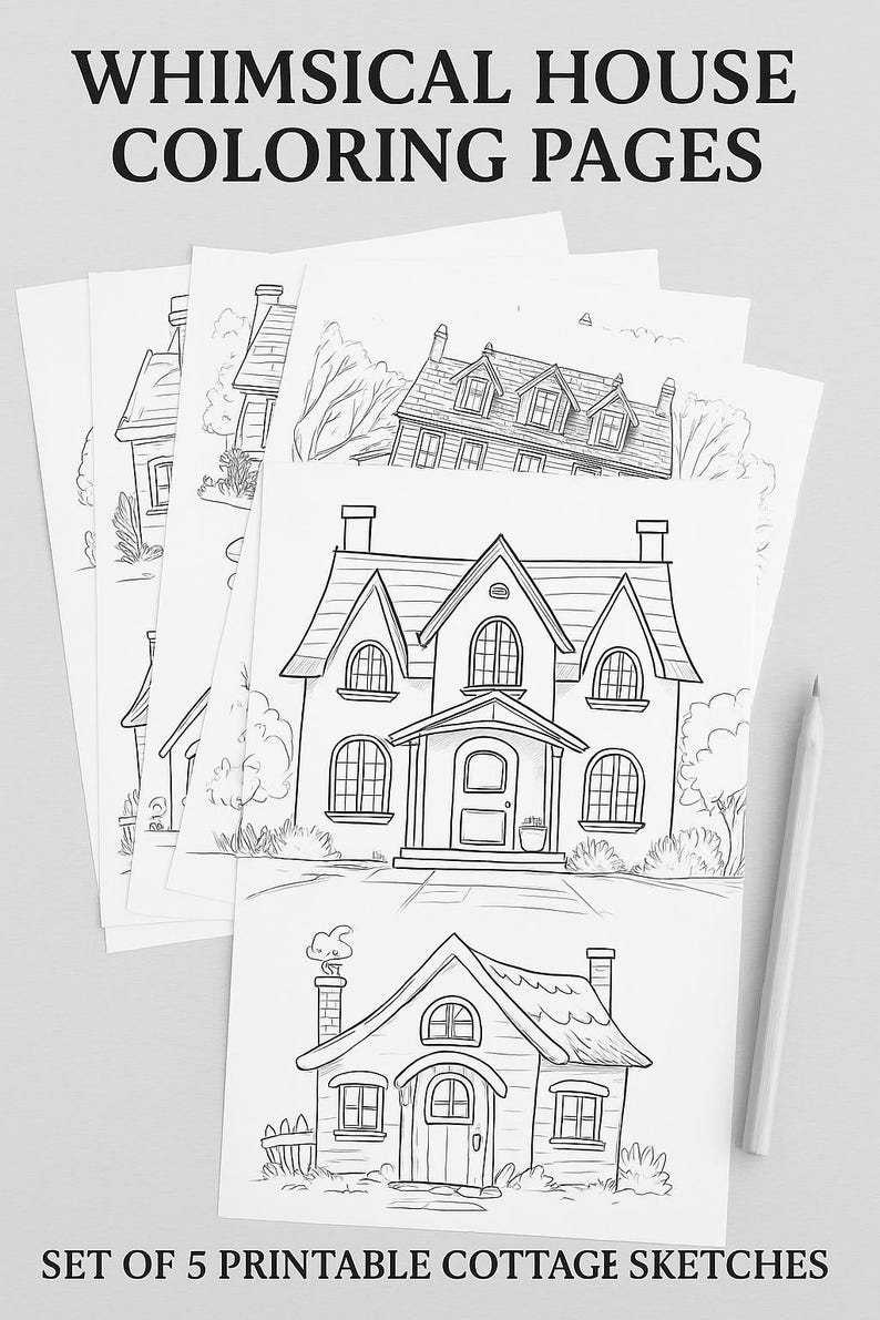 Whimsical Cottage House Coloring Pages: Fairy Tale Sketch Art (digital ...