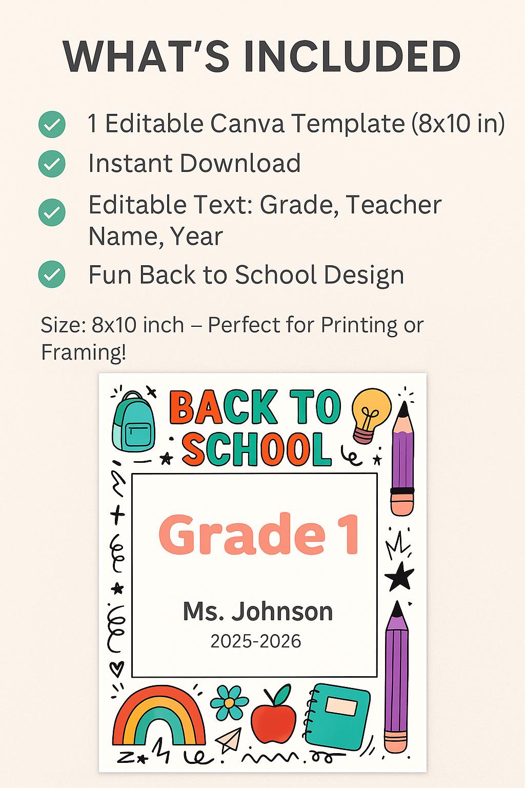 Editable Back to School Teacher Sign: Grade 1 Classroom Poster (canva ...