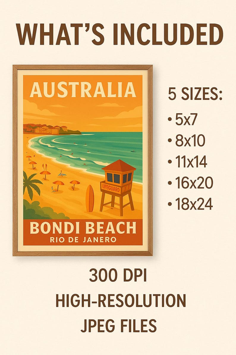 Bondi Beach Wall Art Digital Download • Vintage Travel Poster Printable ...