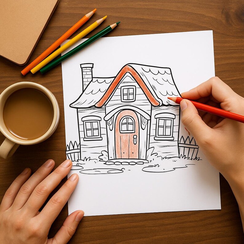 Whimsical Cottage House Coloring Pages: Fairy Tale Sketch Art (digital ...
