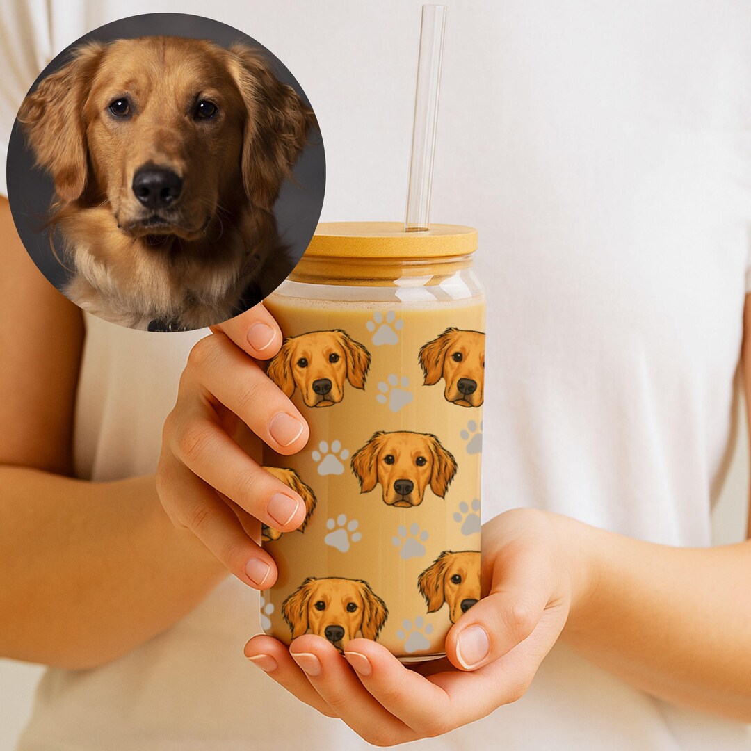 Personalized Pet Portrait Beer Can Glass With Bamboo Lid Custom Dog ...