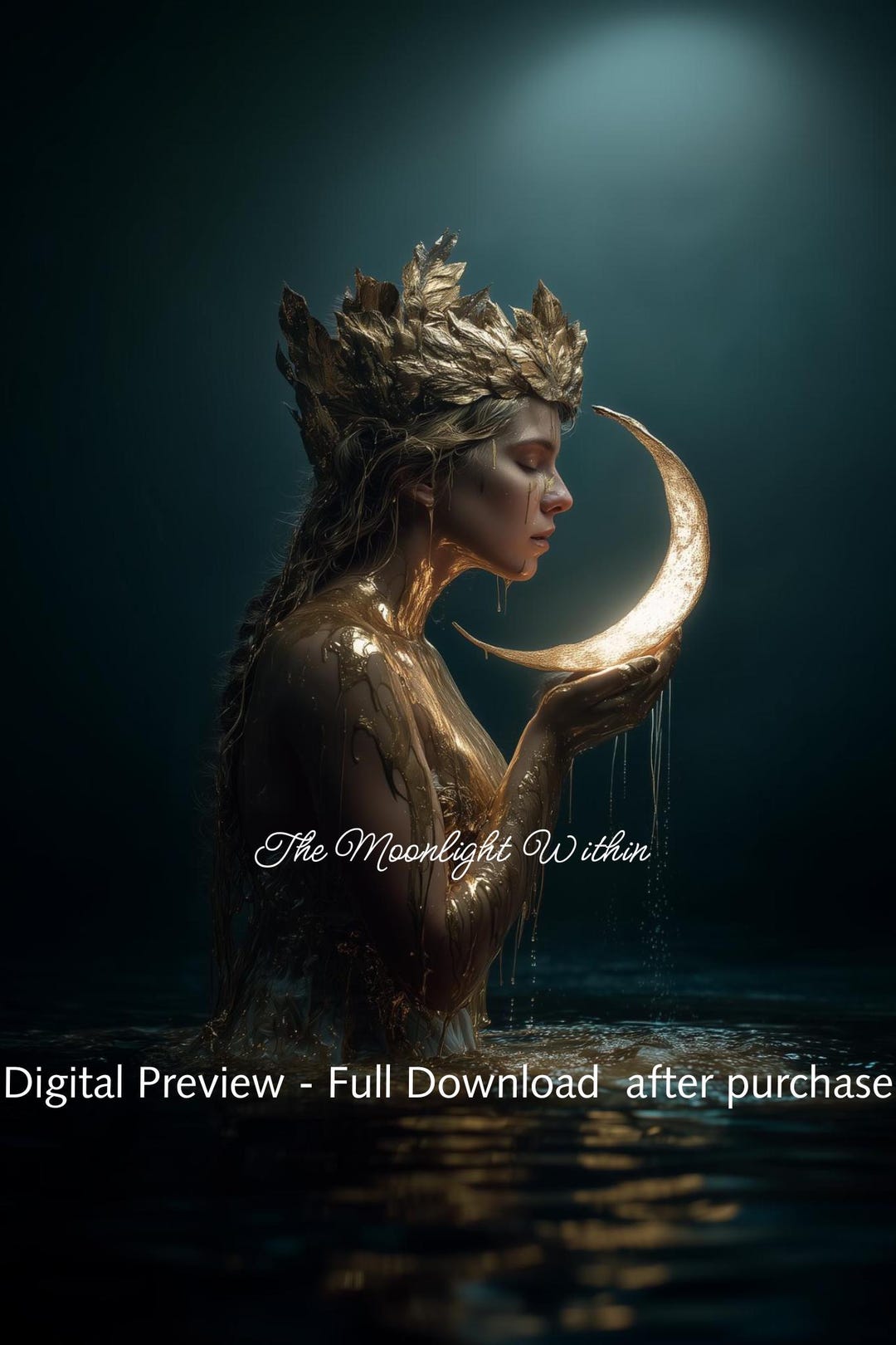 Golden Moon Goddess Art Print – Ethereal Woman in Gold Holding Crescent ...