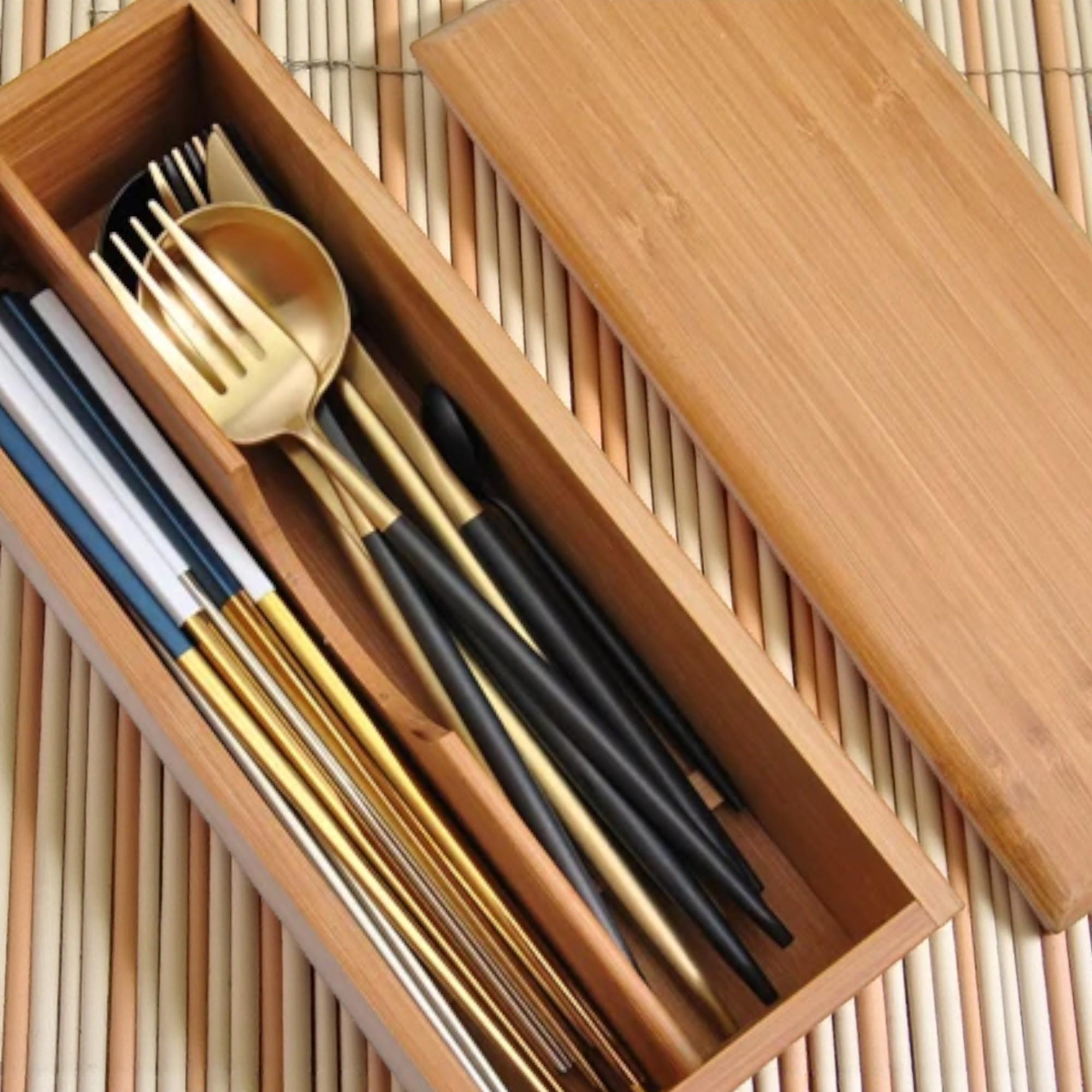 Bamboo Wood Cutlery Storage Box | Kitchen Utensil Organizer & Toolbox ...