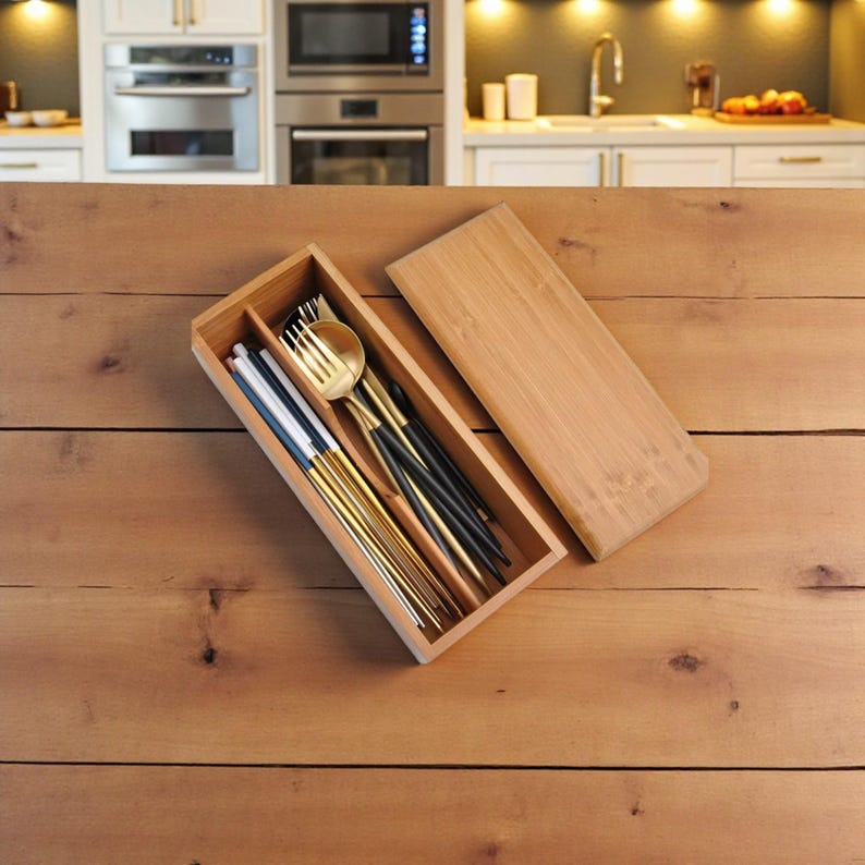 Bamboo Wood Cutlery Storage Box | Kitchen Utensil Organizer & Toolbox ...