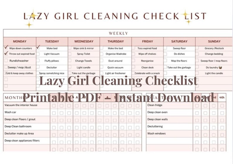 Lazy Girl Cleaning Checklist | Soft Life Printable Routine | Weekly Cleaning Schedule PDF ...