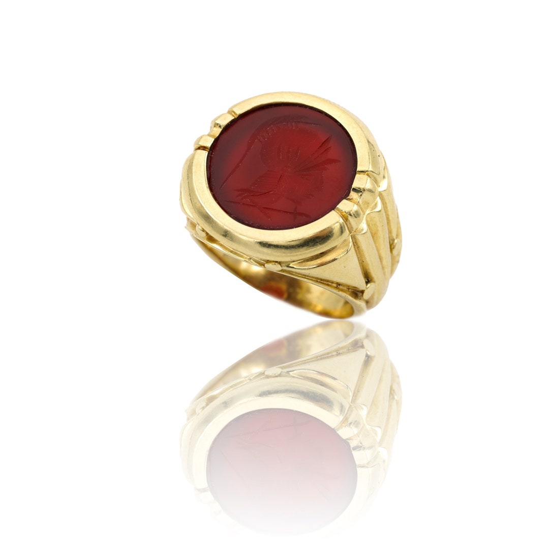 Vintage Antique 14k Gold Roman Caesar Signet Intaglio Ring With Genuine ...
