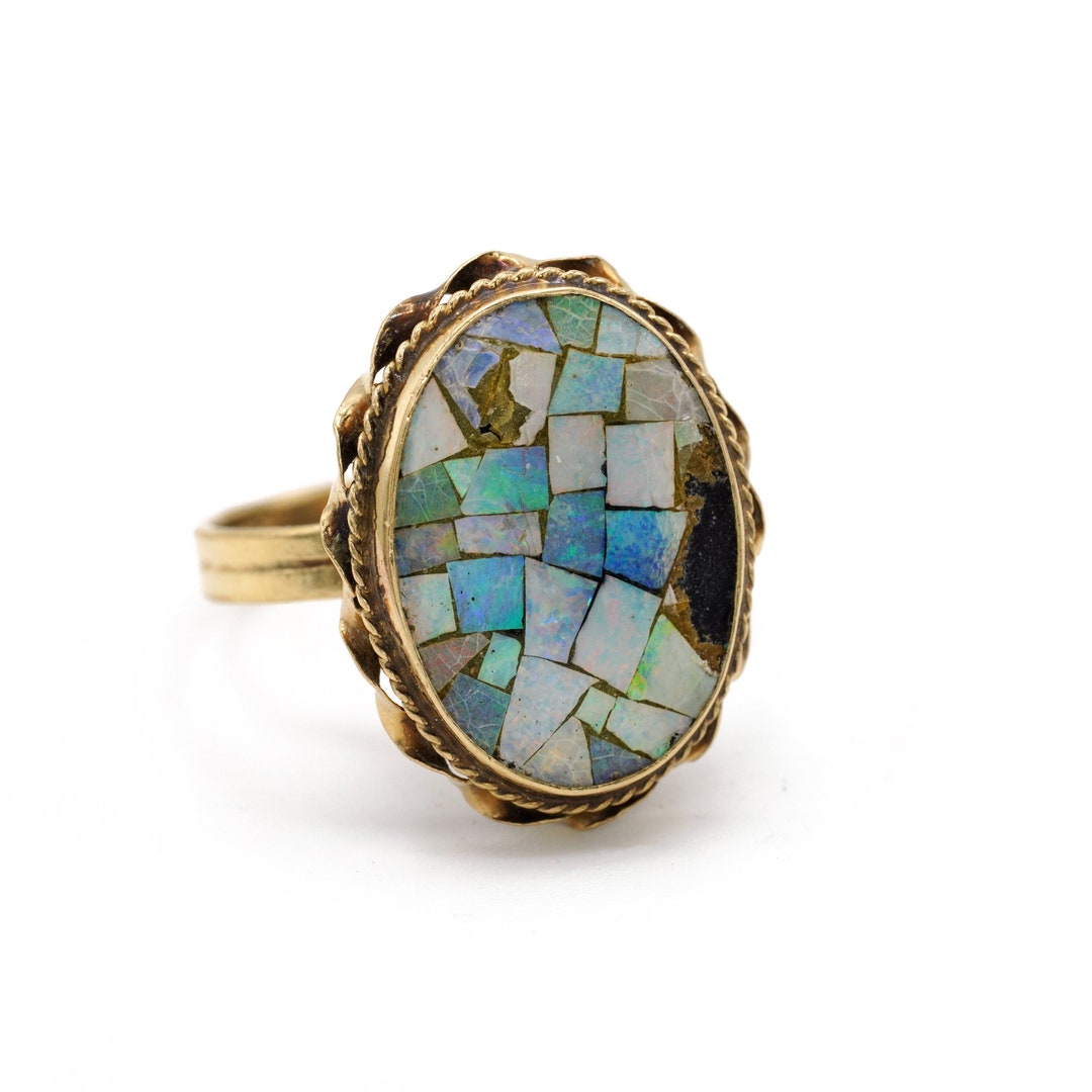 Vintage 14k Gold Opal Inlay Ring, Gold Ring, Sparkle, Colorful Ring ...