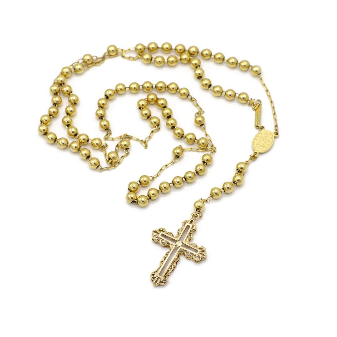 Vintage Italian 14k Yellow Gold Rosary Bead and Cross Necklace - Etsy