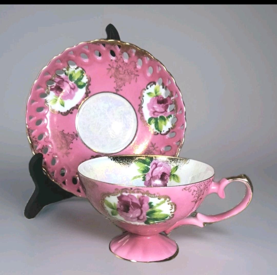 Vintage Lefton China Rose Pink HAND PAINTED SAUCER Iridescent Pearl ...