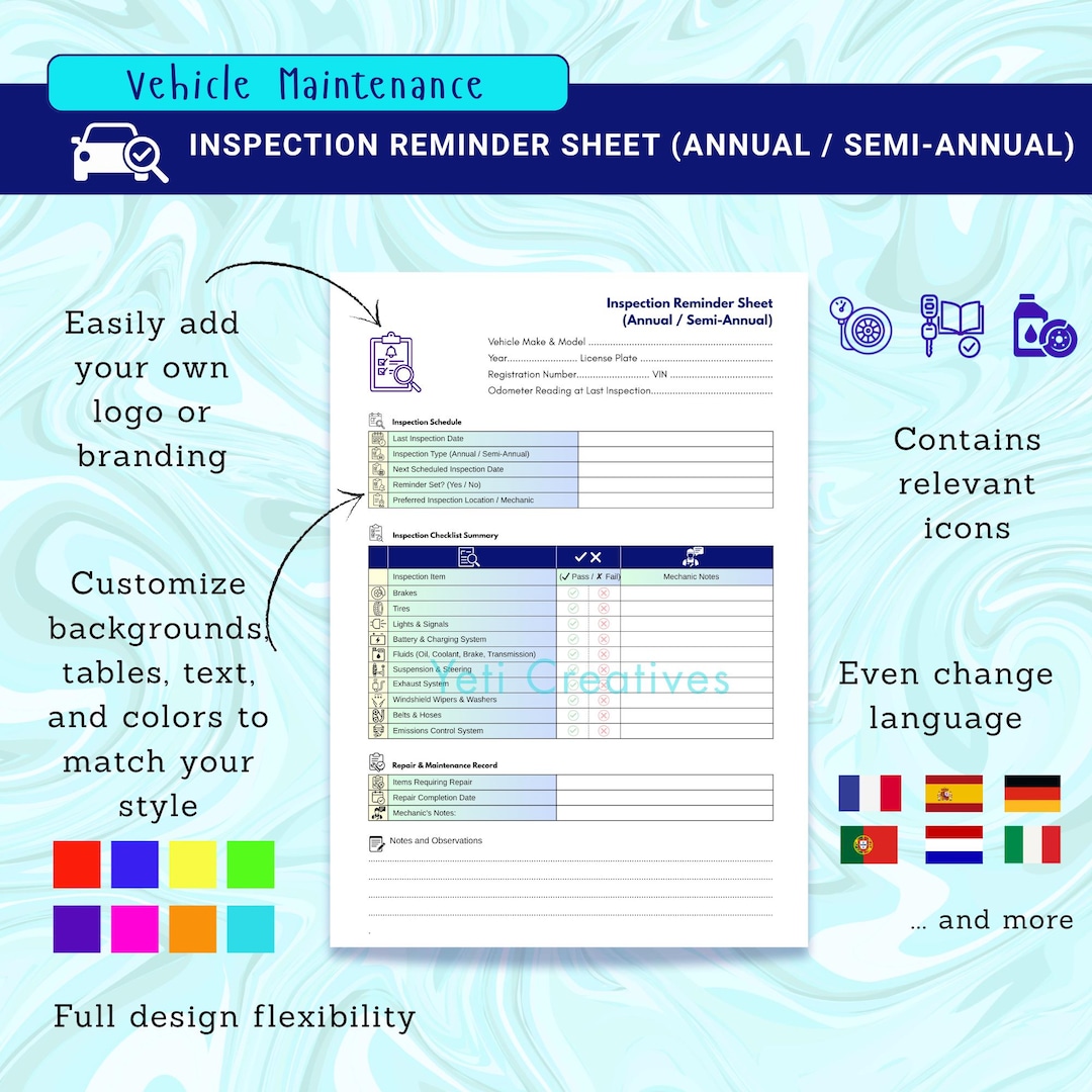 Vehicle Inspection Tracker Printable: Editable Canva Template (A4 & US ...