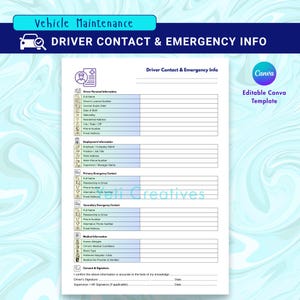 Car Emergency Information Sheet: Driver Contact Details, Editable Canva ...