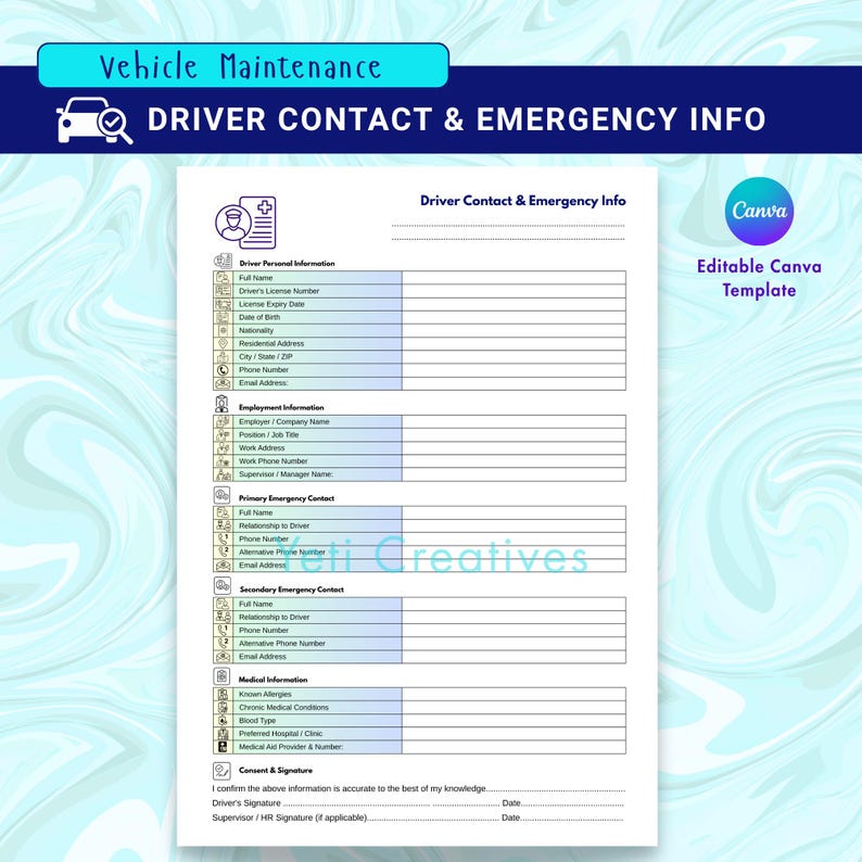 Car Emergency Information Sheet: Driver Contact Details, Editable Canva ...