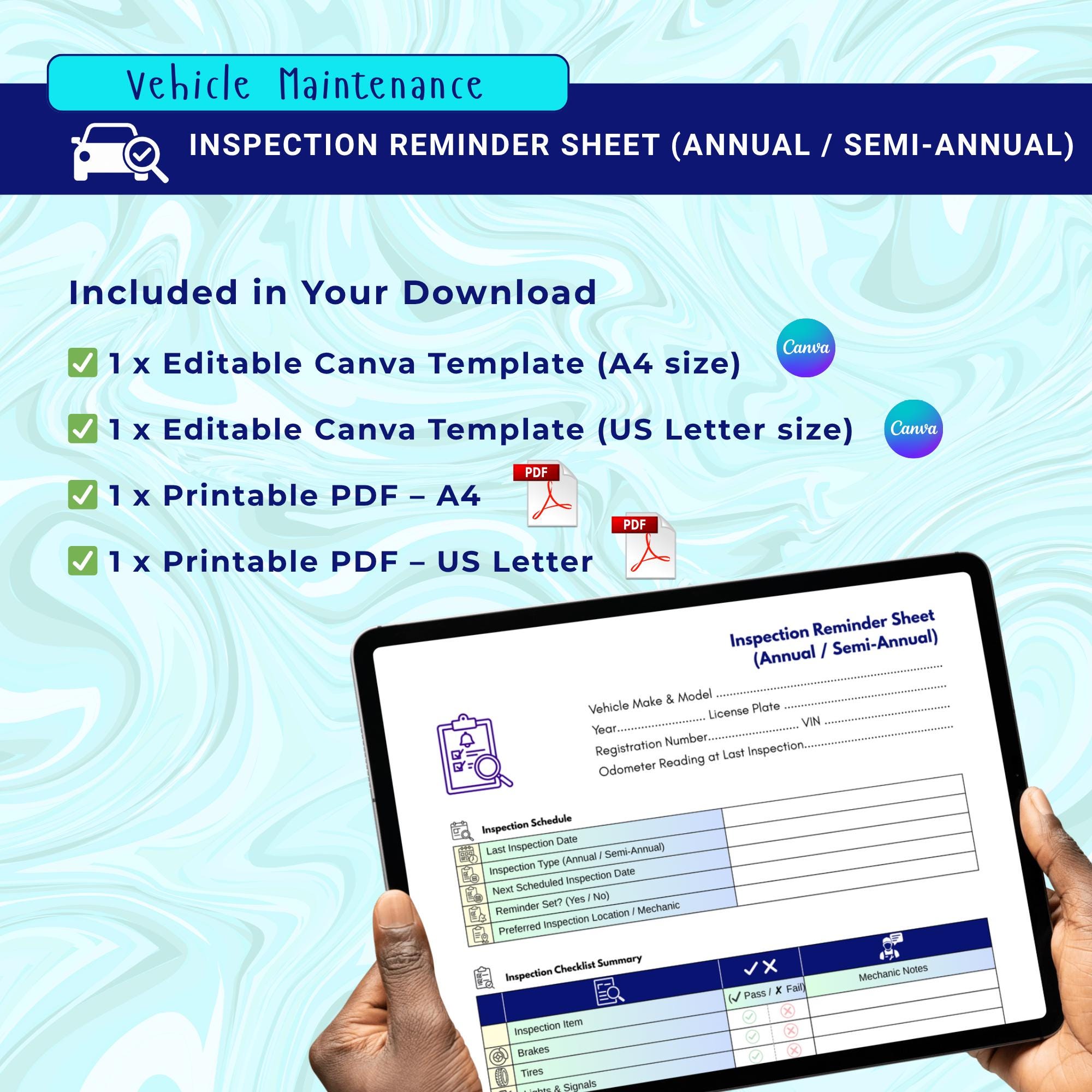 Vehicle Inspection Tracker Printable: Editable Canva Template (A4 & US ...