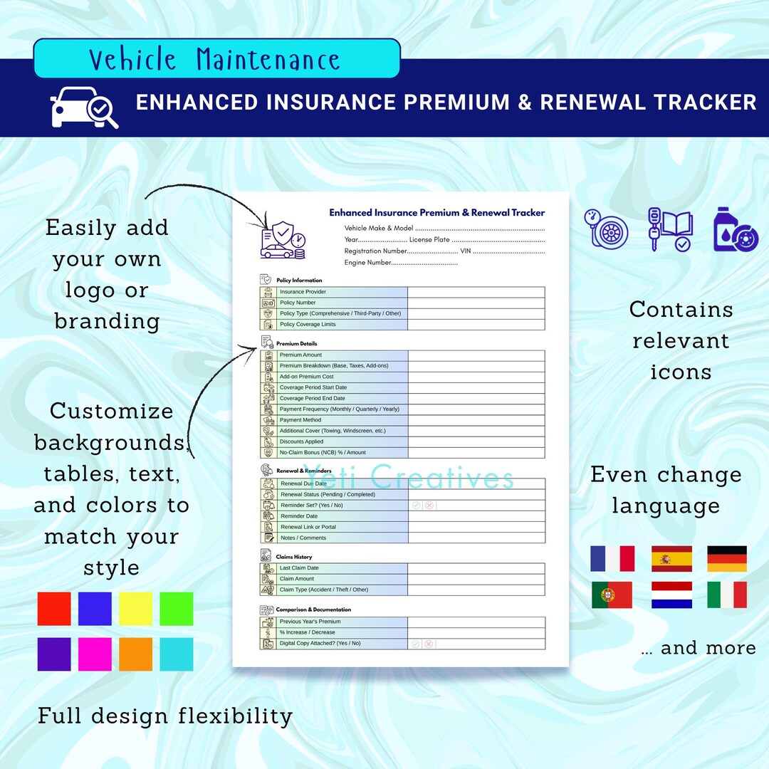 Insurance Premium and Renewal Tracker | Vehicle Insurance Log Printable ...