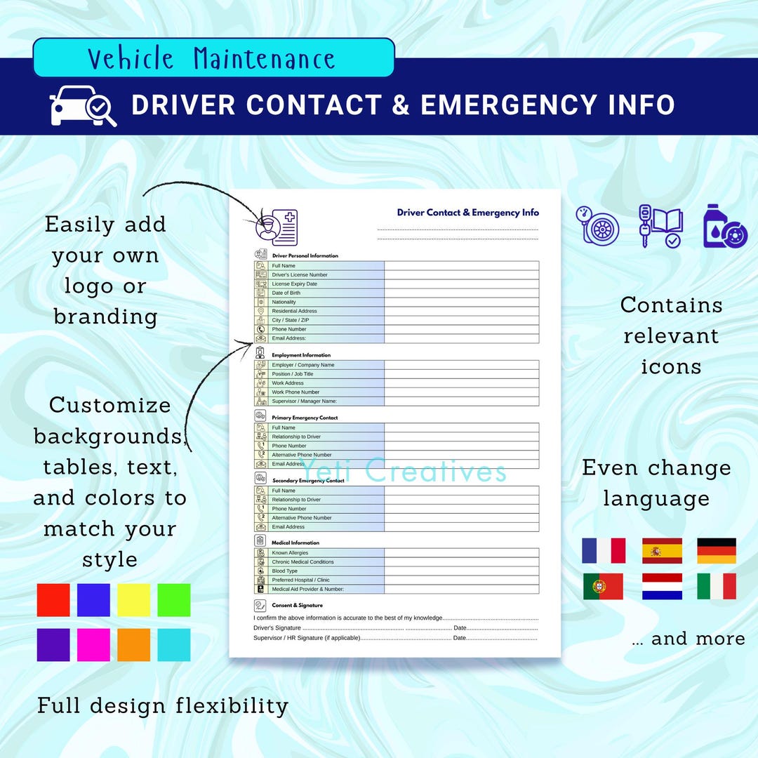 Car Emergency Information Sheet: Driver Contact Details, Editable Canva ...