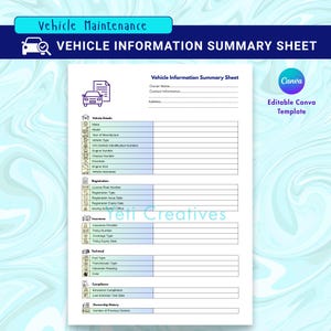 Vehicle Information Summary Sheet: Car Details Log, Editable Canva ...