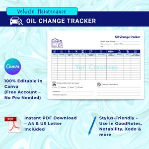 Oil Change Tracker Printable: Vehicle Maintenance Log (A4 & US Letter ...