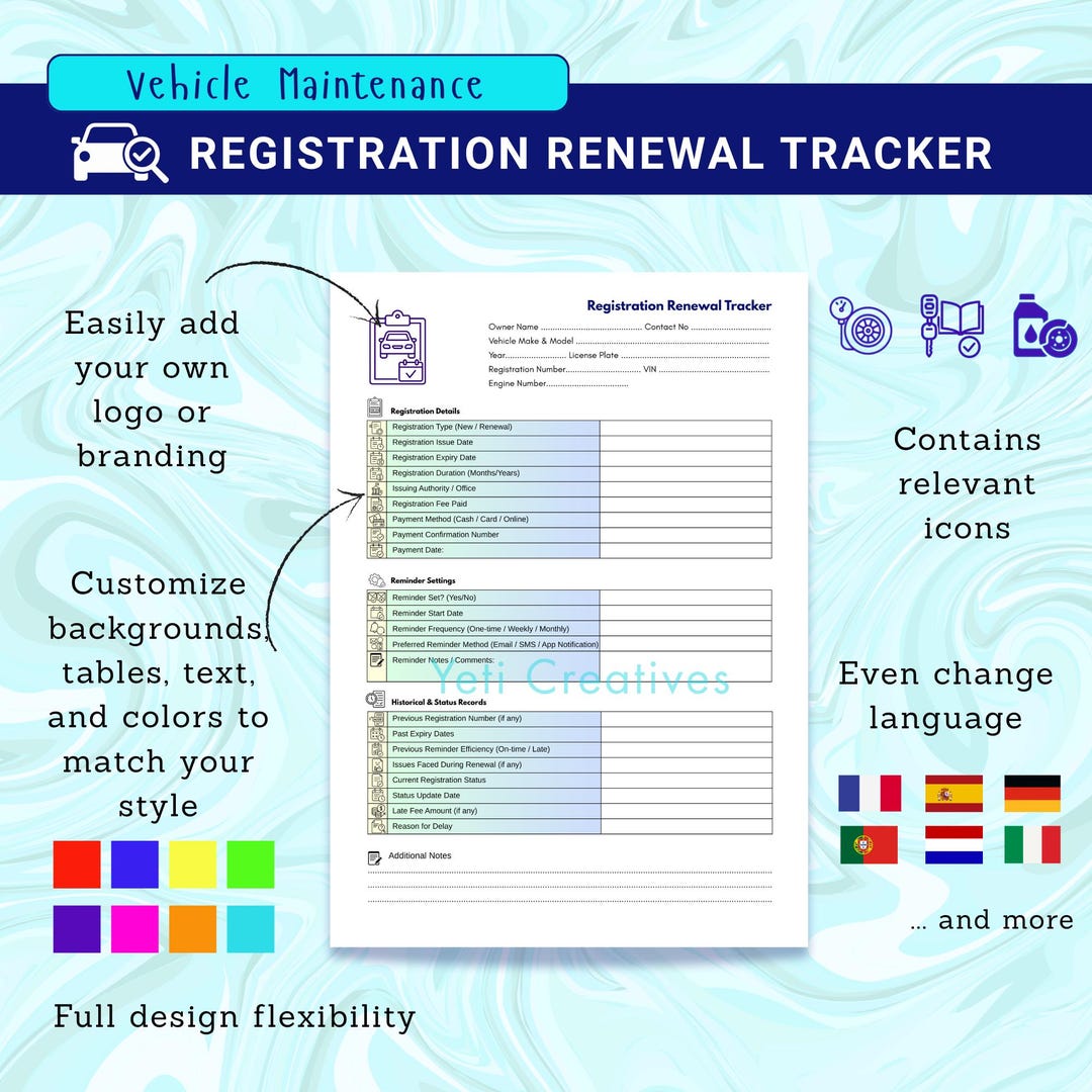 Registration Renewal Tracker | Vehicle Registration Log Printable ...