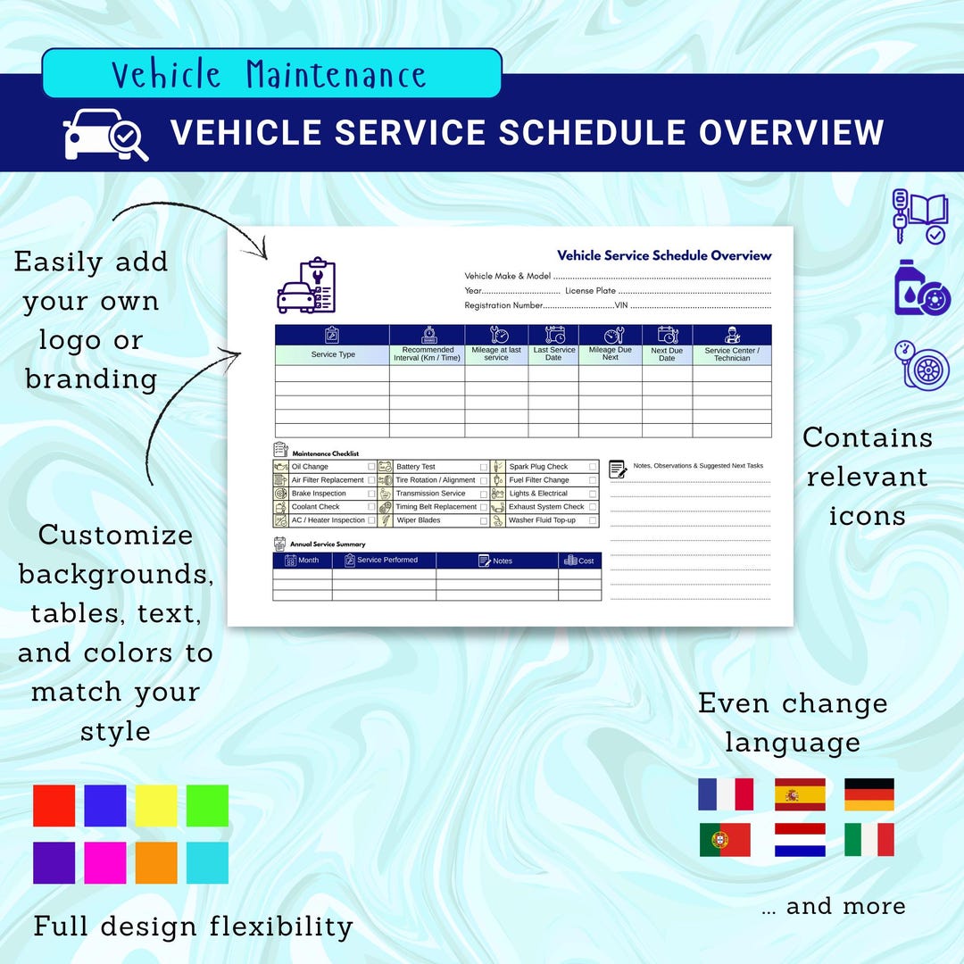 Car Maintenance Planner Printable: Vehicle Service Schedule, Editable ...