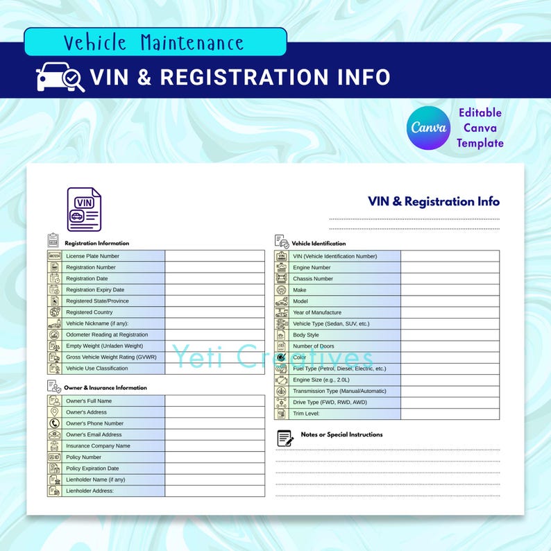VIN Registration | Vehicle Identification Registration Log Printable ...