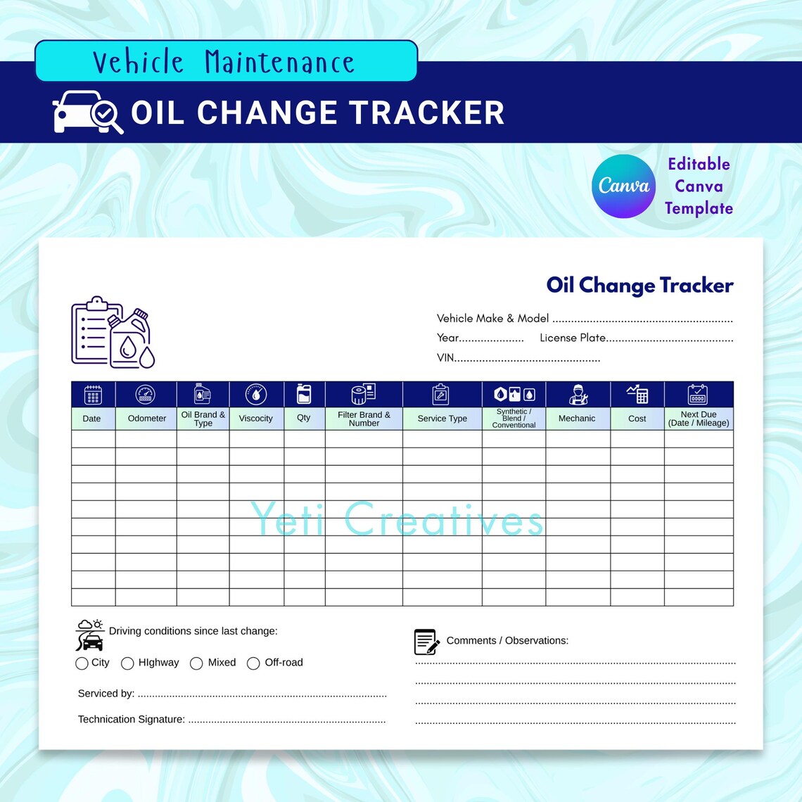 Oil Change Tracker Printable: Vehicle Maintenance Log (A4 & US Letter ...