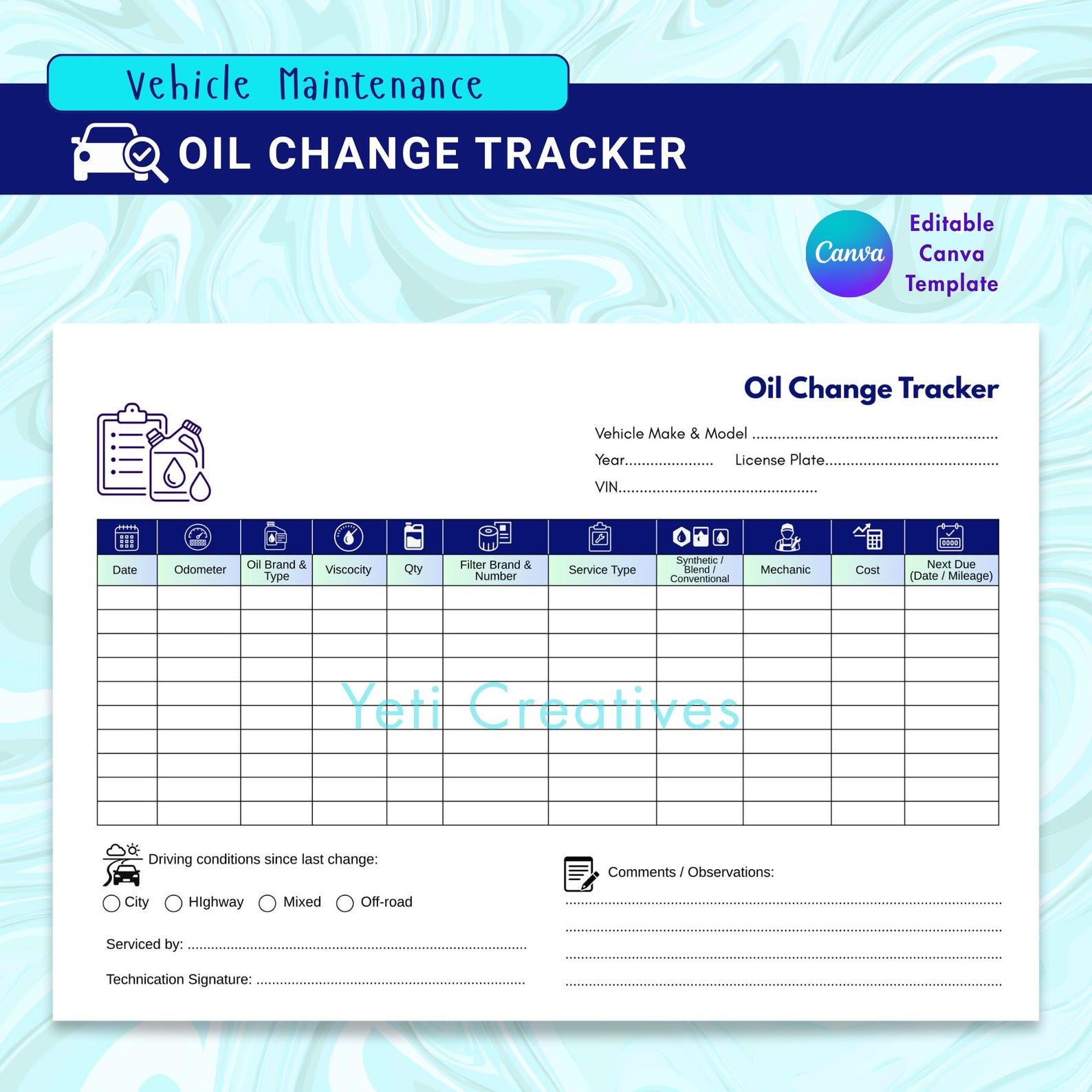 Oil Change Tracker Printable: Vehicle Maintenance Log (A4 & US Letter ...