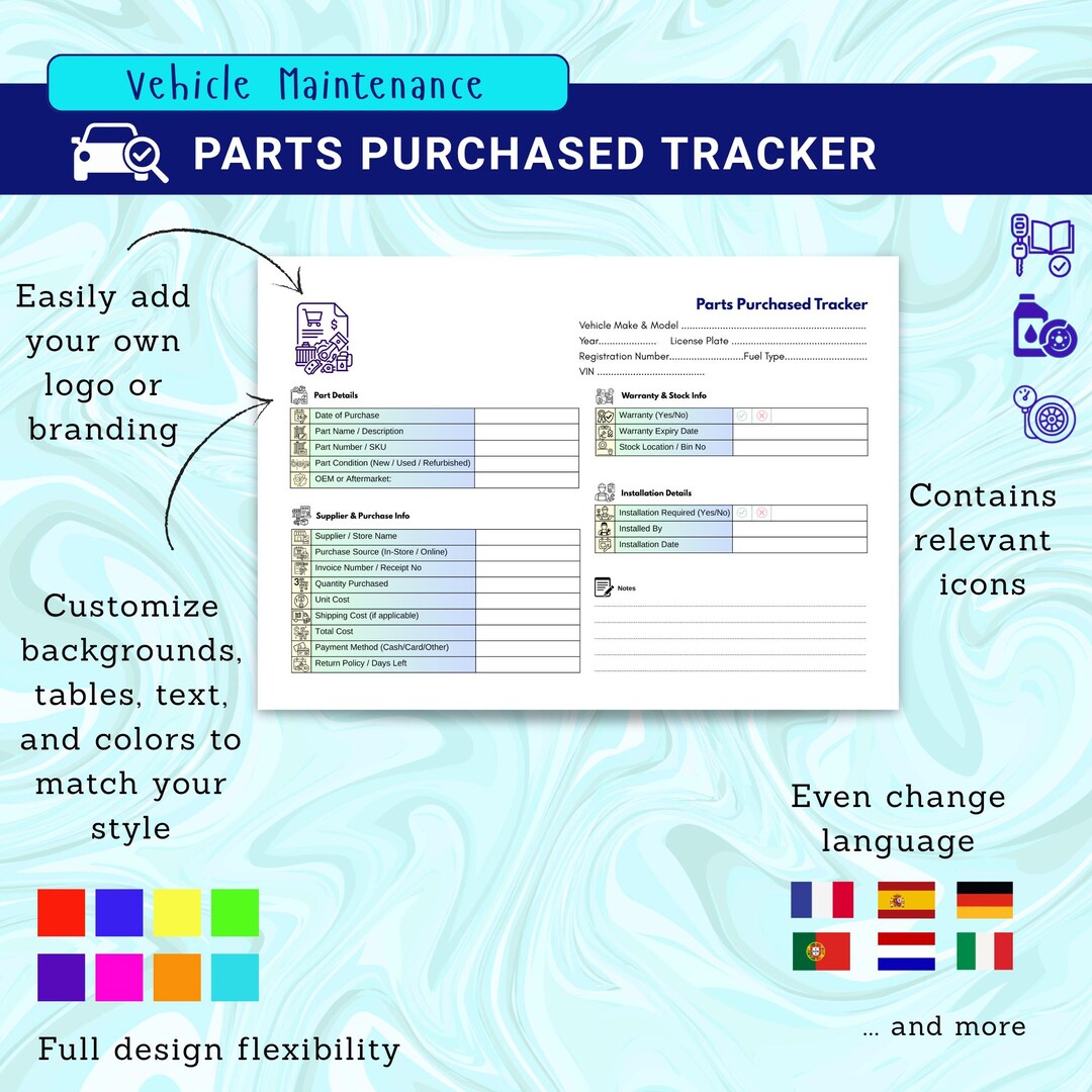 Vehicle Parts Tracker Printable: Editable Canva Template (A4 & US ...