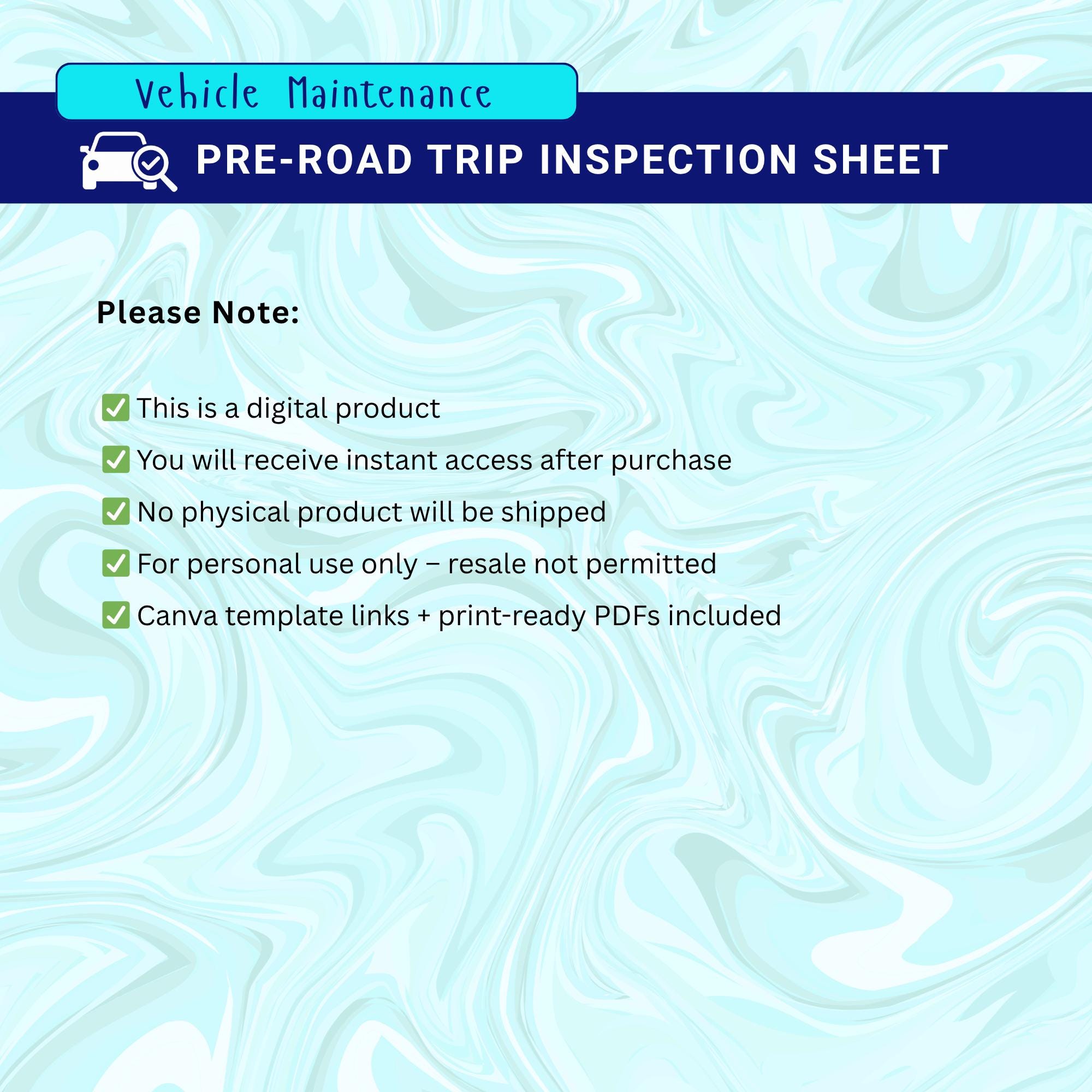 Pre-road Trip Vehicle Inspection Checklist: Editable Canva Template (A4 ...