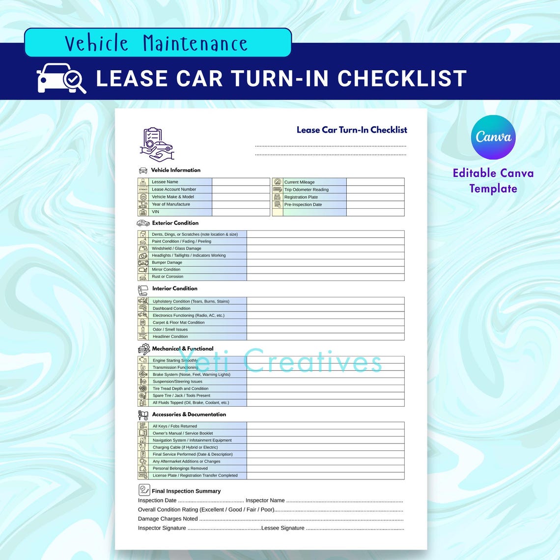 Lease Car Turn-in Checklist: Vehicle Inspection, Editable Canva ...
