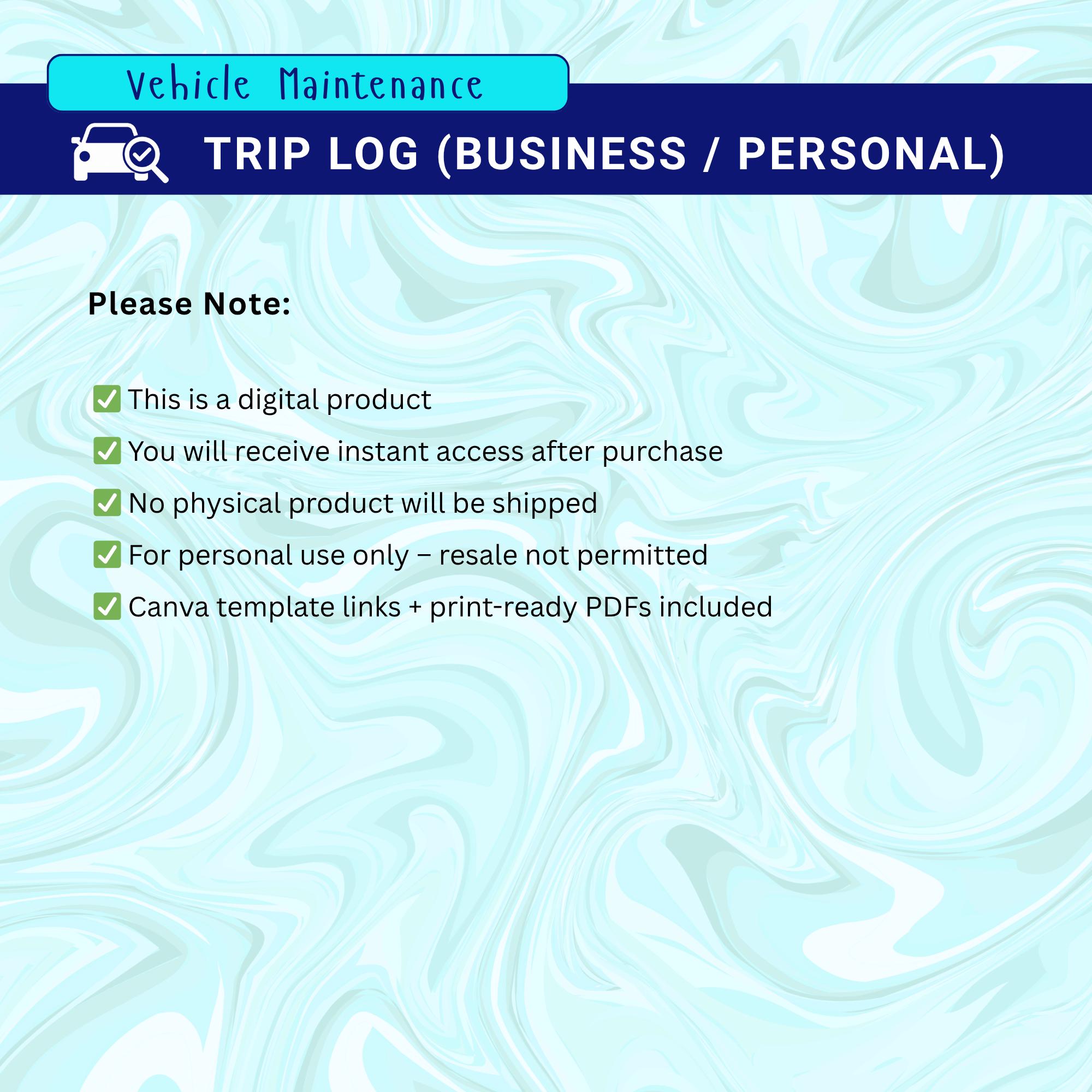 Vehicle Trip Log: Mileage Tracker, Editable Canva Template (A4/US ...