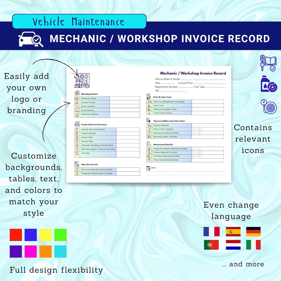 Mechanic / Workshop Invoice Rec | Vehicle Service Expense Log Printable ...