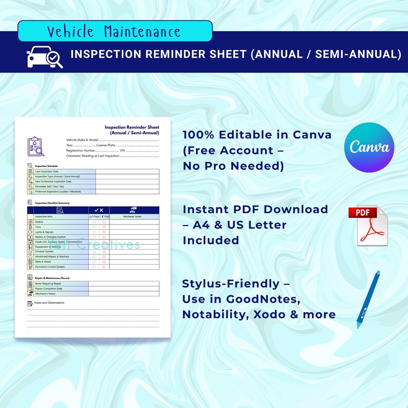 Vehicle Inspection Tracker Printable: Editable Canva Template (A4 & US ...