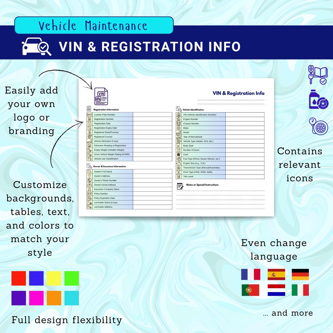 VIN Registration | Vehicle Identification Registration Log Printable ...