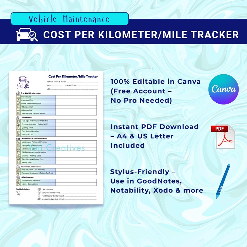 Vehicle Cost Tracker: Editable Canva Template, Printable PDF - Etsy