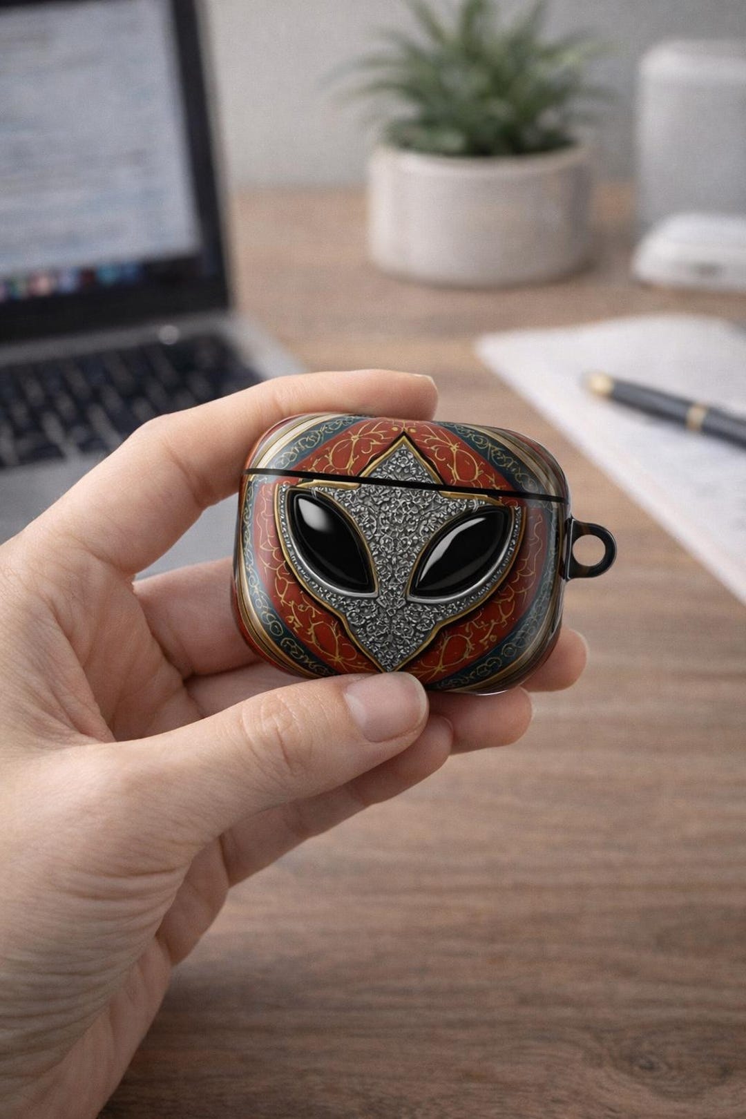 Ornate Alien Mask AirPod Case | Red, Gold & Silver Design - Etsy