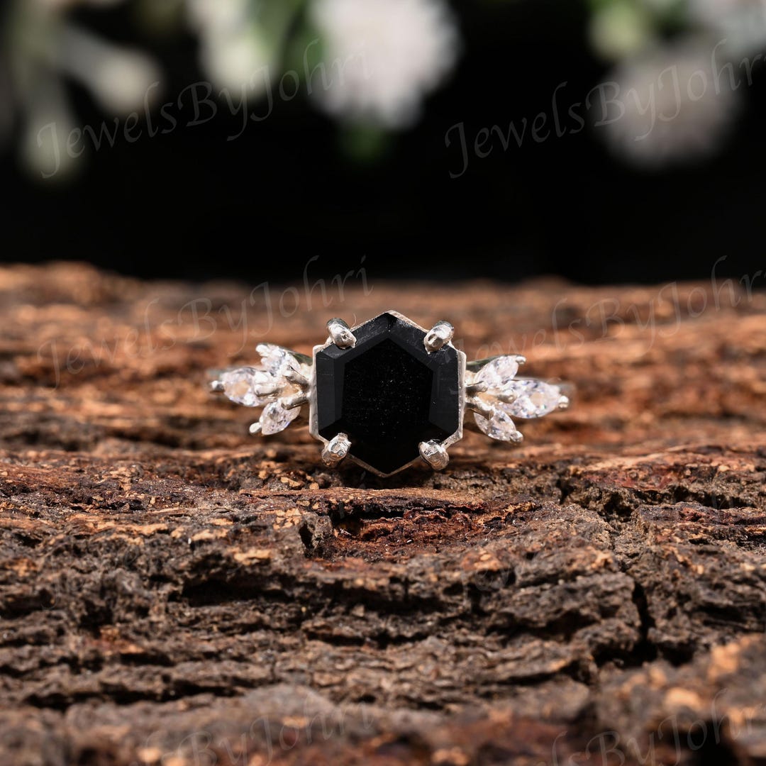 Black Onyx Hexagon Ring: Gothic Sterling Silver Alternative Engagement ...