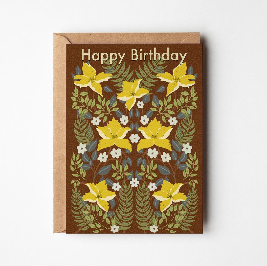 Yellow Flower Birthday Card - Botanical Illustration Style - Earthy ...
