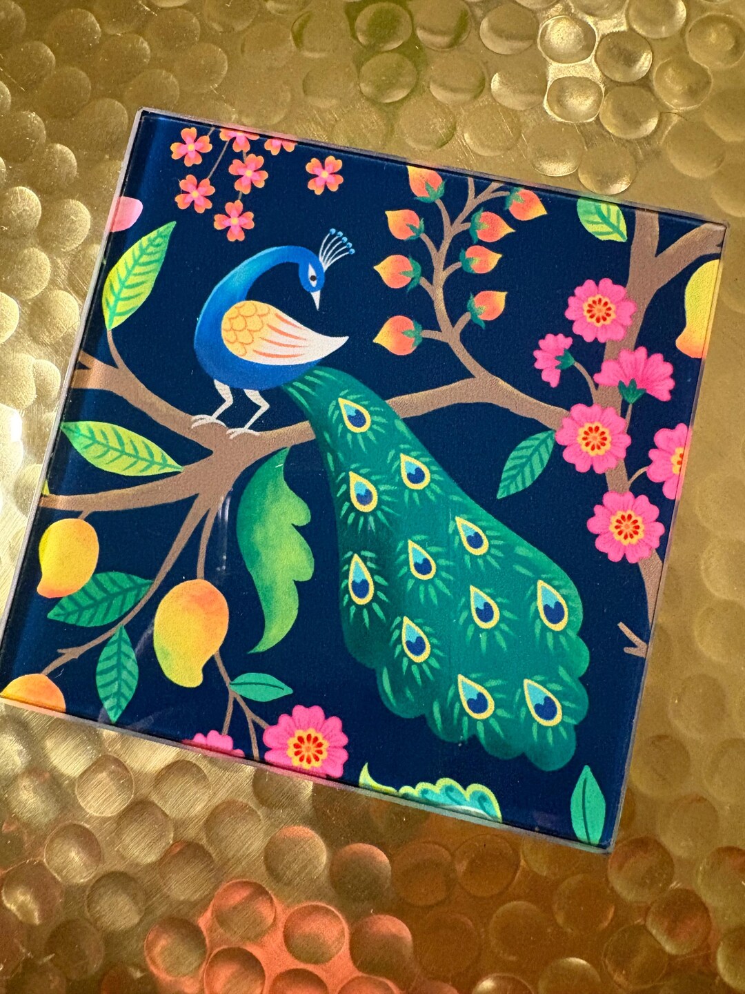 Peacocks on Mango Tree Hand Drawn Art, Printed on Glass Coasters ...