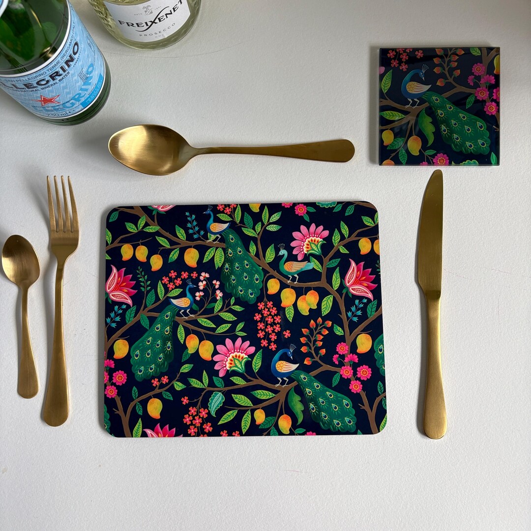 Peacocks on Mango Tree Hand Drawn Art Printed on Premium Eco Hardback Placemat | Peacock Lovers ...