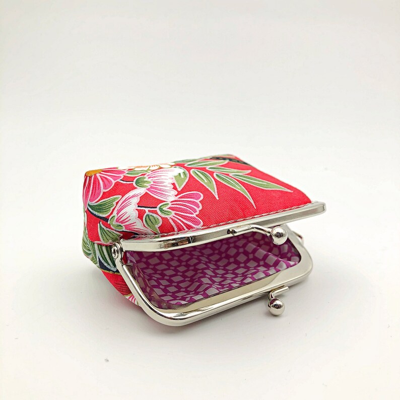 Chinese Coin Purse, Chinese Flower Print, Red Floral Fabric, Kiss Lock ...