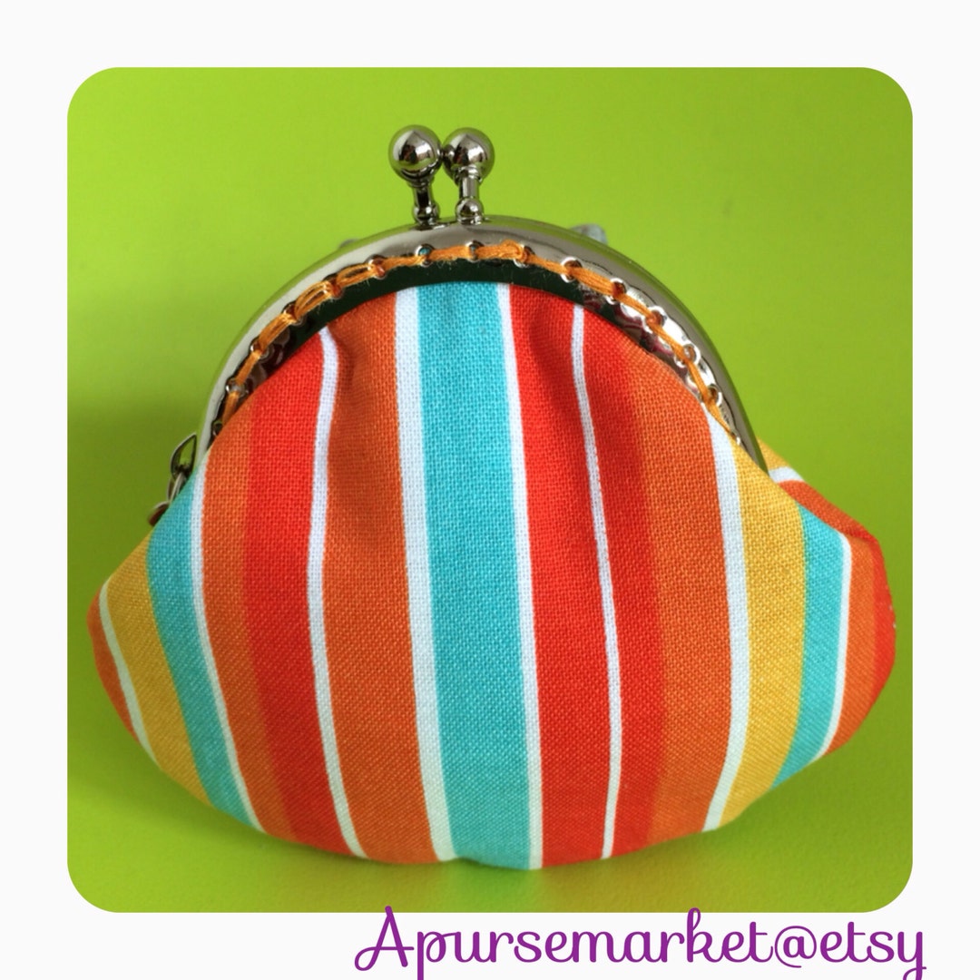 Orange Coin Purse, Kiss Lock Change Purse, Orange Stripe Fabric, Metal ...