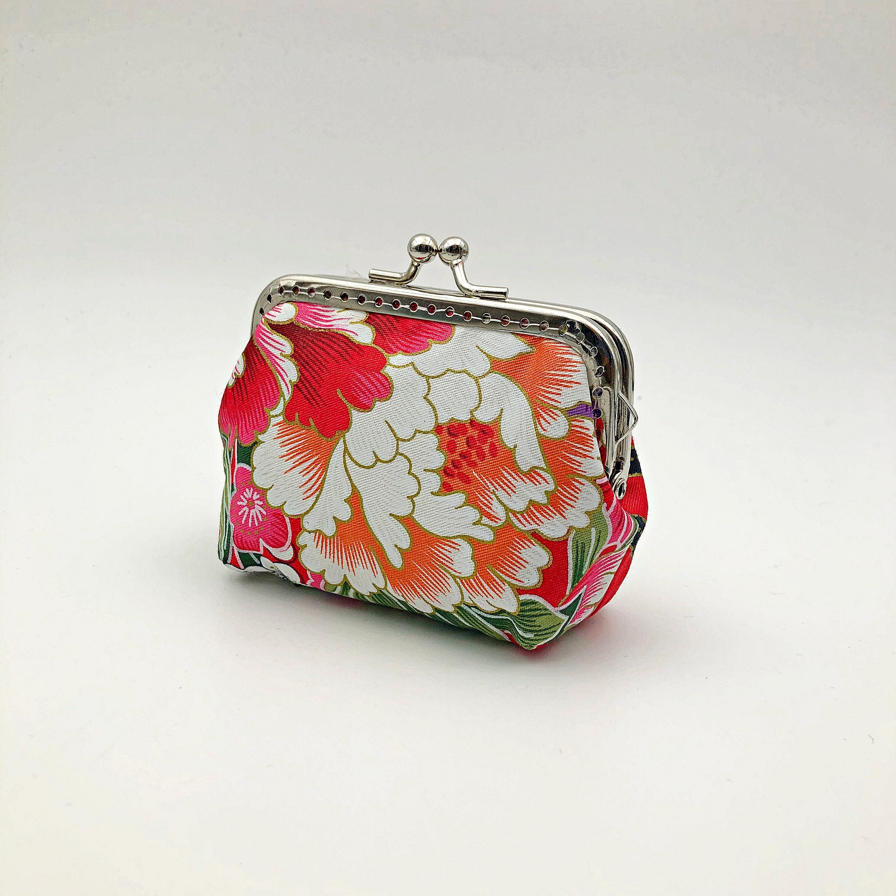 Chinese Coin Purse, Chinese Flower Print, Red Floral Fabric, Kiss Lock ...
